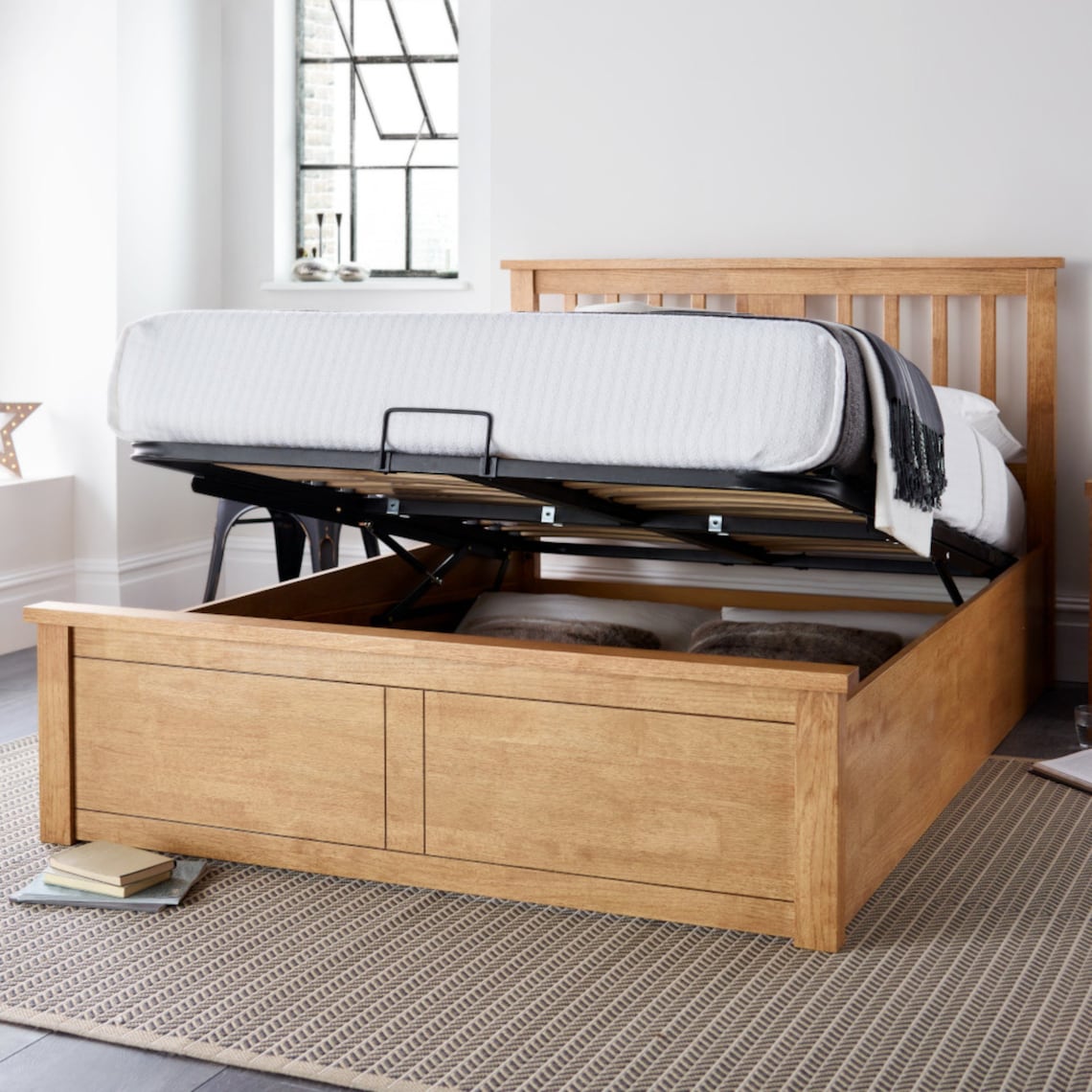 New Oak Finish Wooden Ottoman Storage Bed - Small Double/double/king by ...