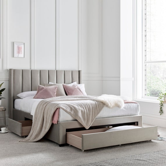 Beige Winged Upholstered 3 Drawer Storage Bed Frame Double King by Time4sleep elegance Etsy