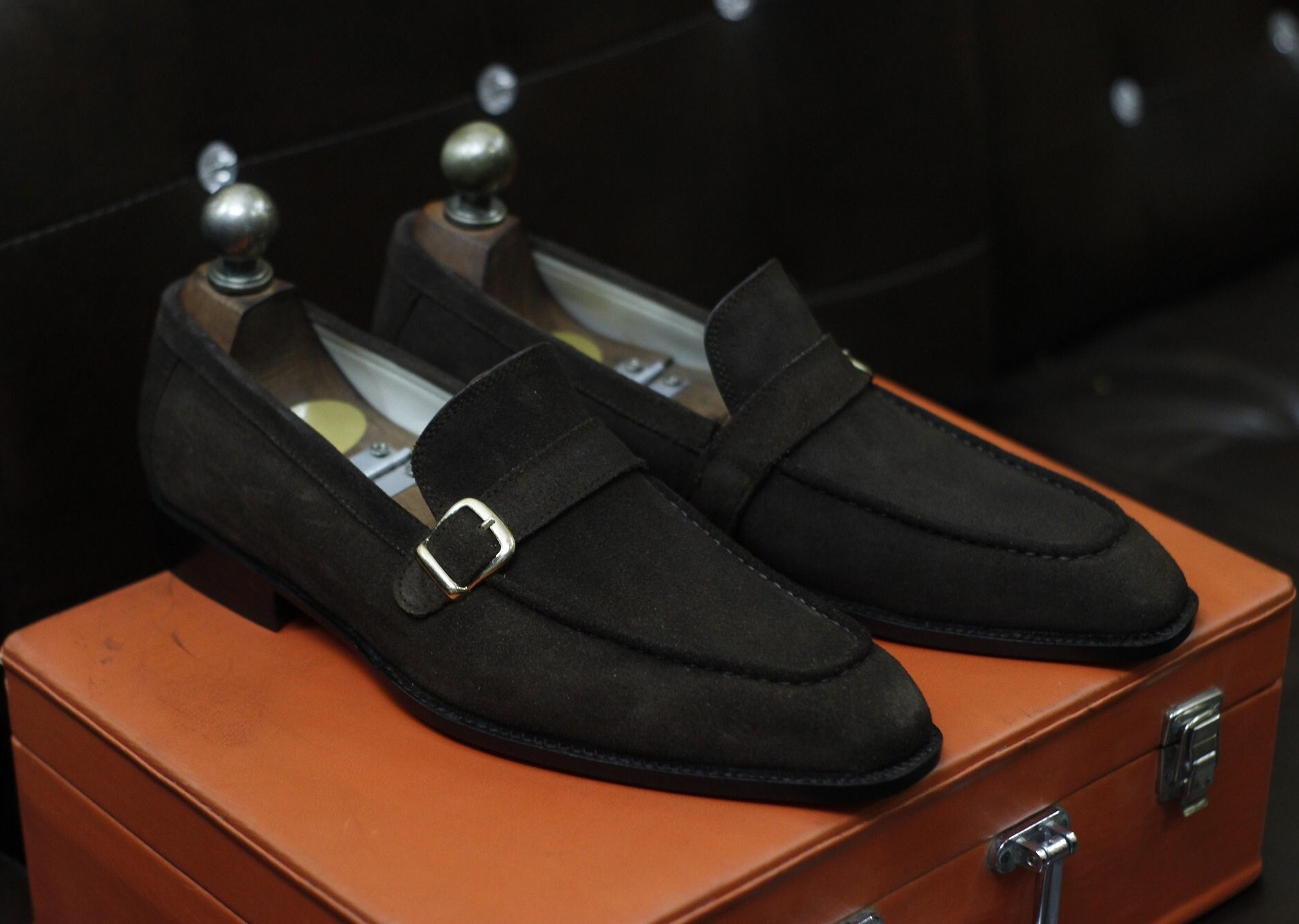 New Men's Handmade Buckle Shoes Black Suede Leather Single Monk Strap ...