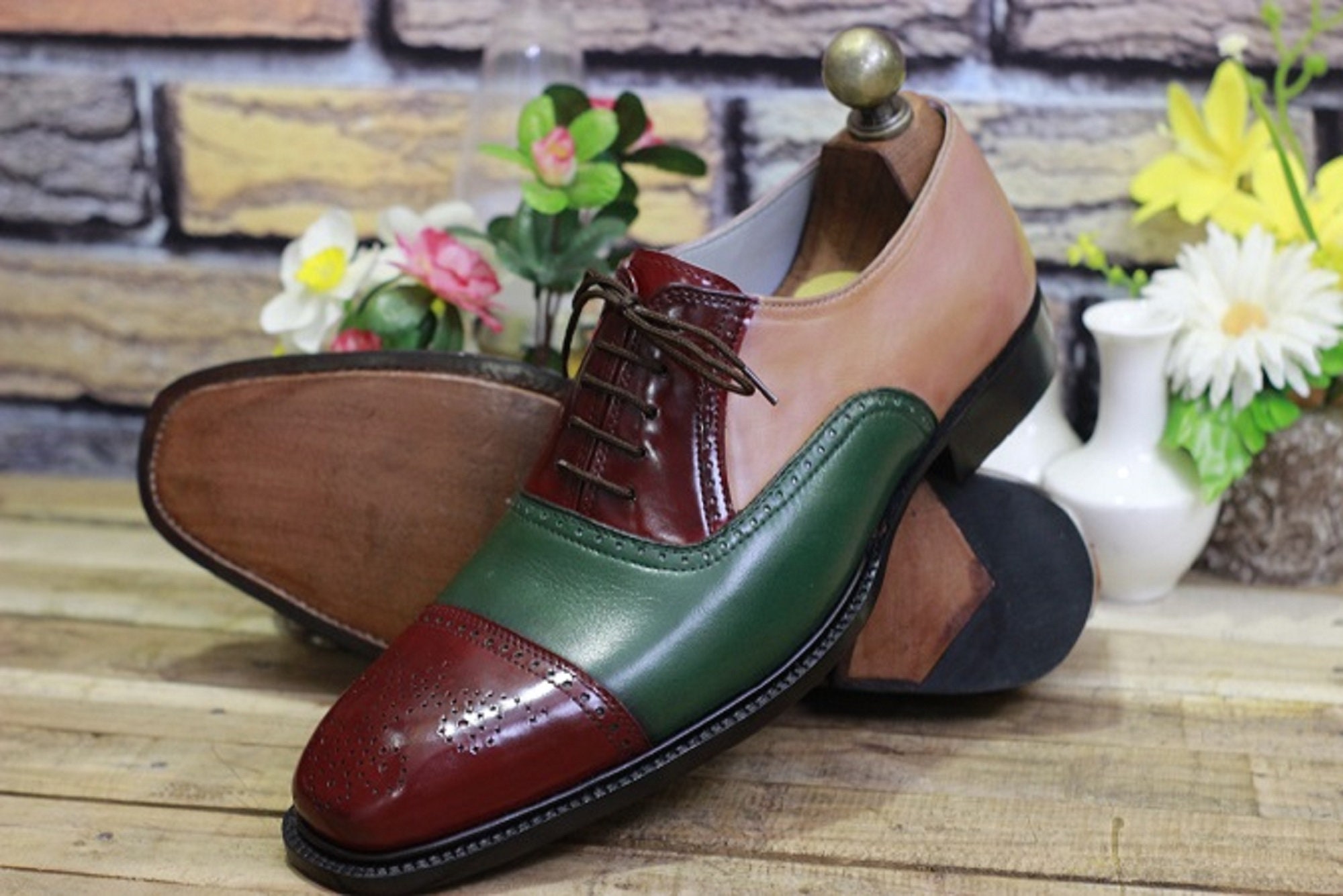 New Men's Handmade Formal Shoes Multi Color Leather Lace up Stylish Cap ...