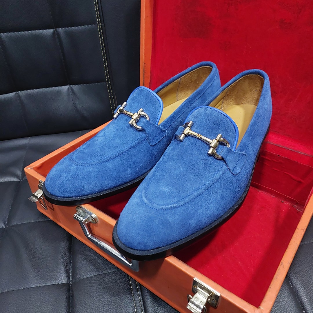 New Men's Handmade Formal Shoes Blue Suede Leather Slip on Stylish ...