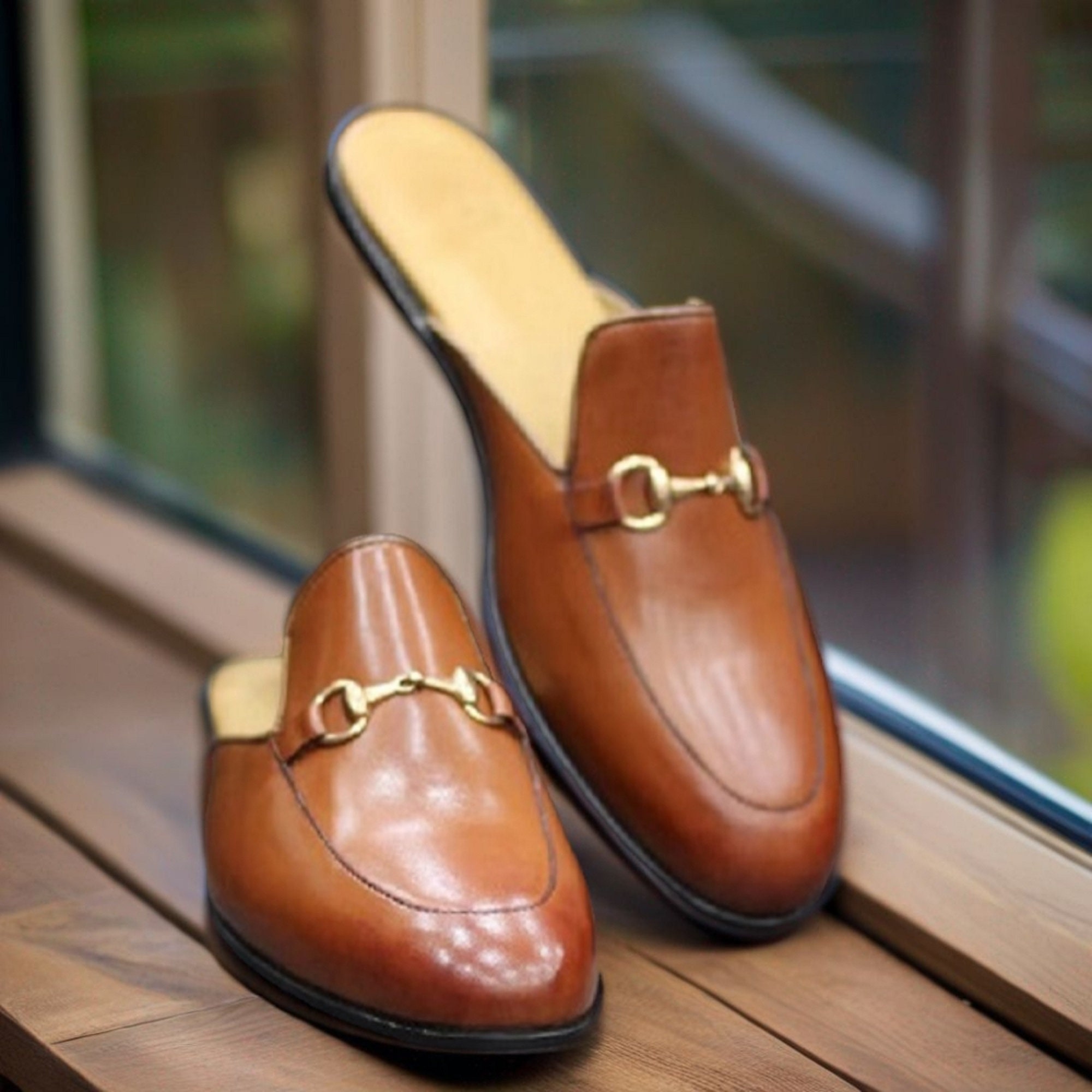 New Men's Handmade Formal Shoes Tan Brown Leather Slip on Stylish Mules ...