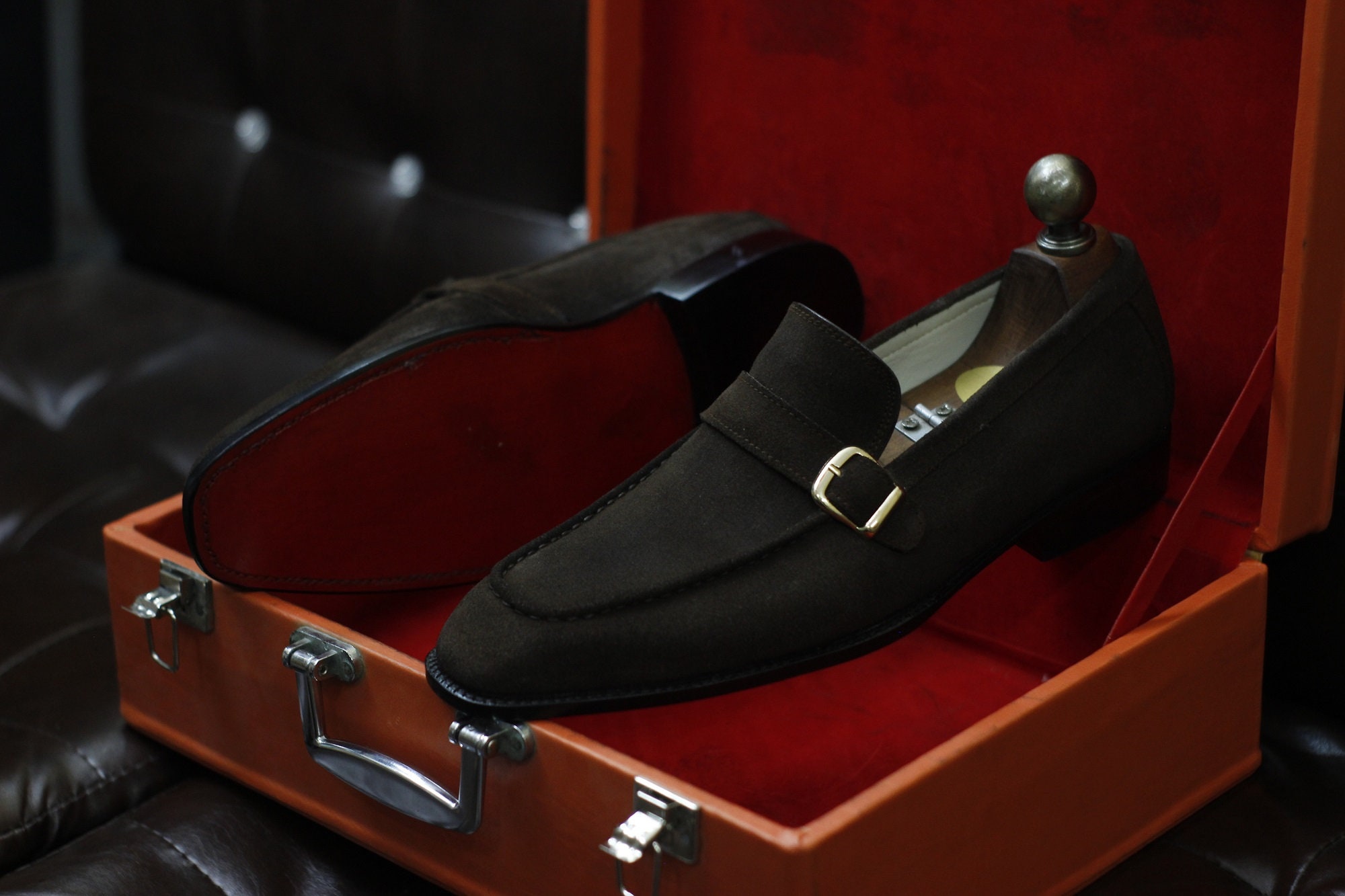 New Men's Handmade Buckle Shoes Black Suede Leather Single Monk Strap ...