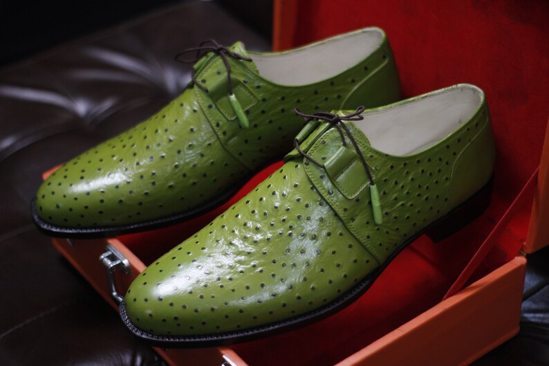 New Men's Handmade Formal Shoes Green Ostrich Textured Leather Stylish ...