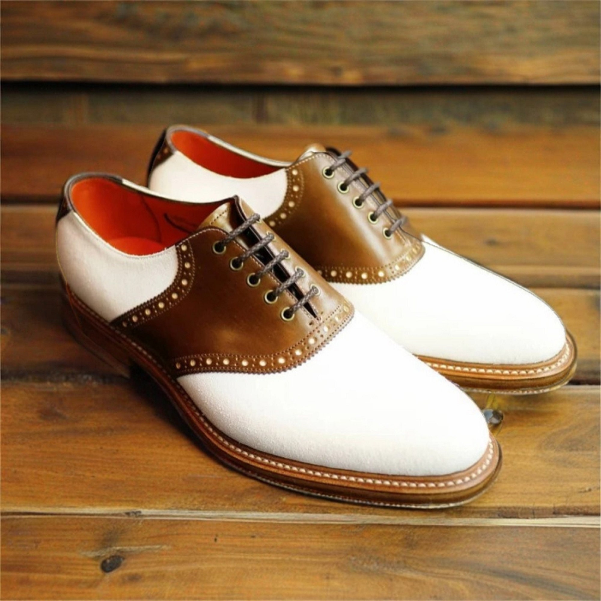 Men Handmade Two Tone Brown White Leather Oxford Brogue Lace up Shoes ...