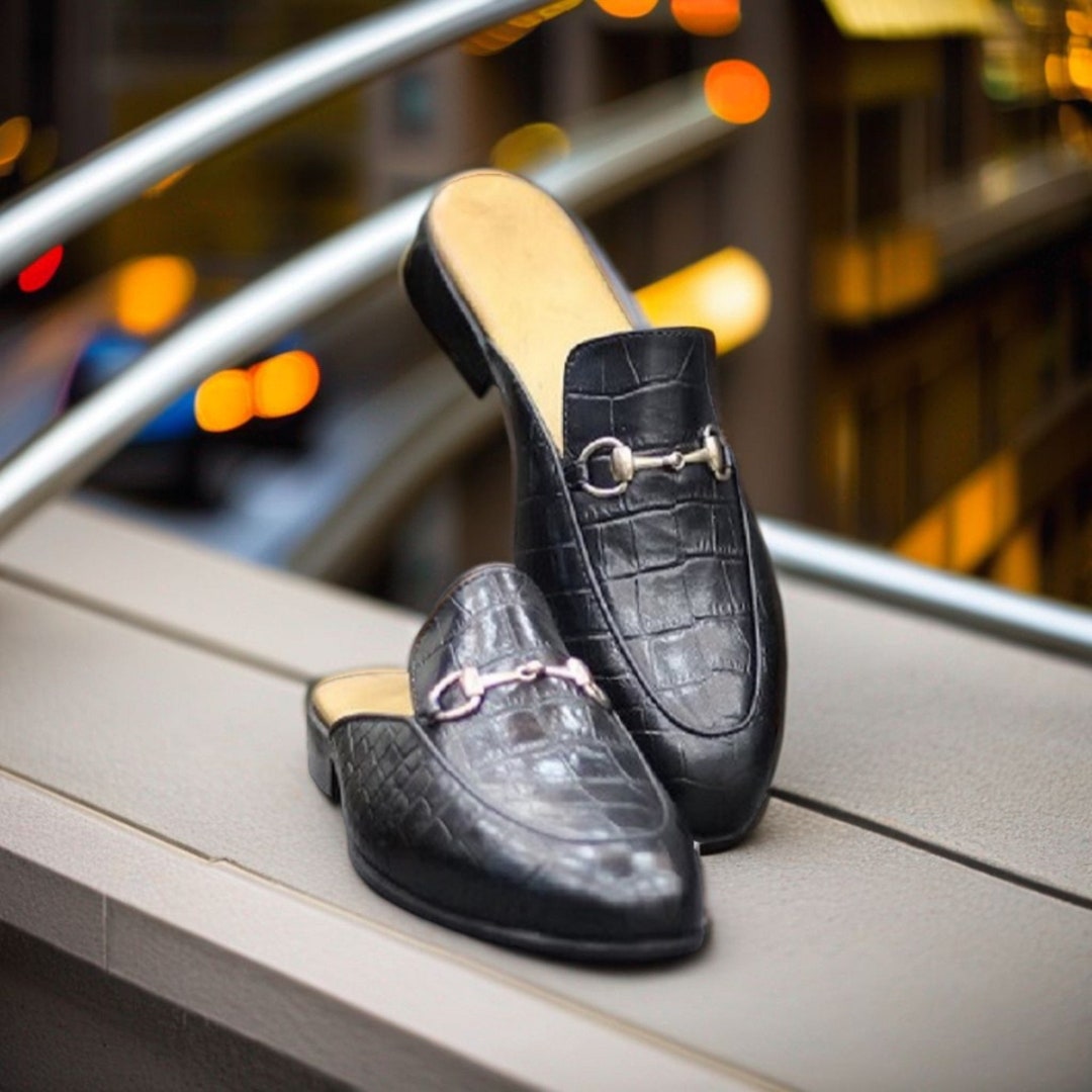 New Men's Handmade Formal Shoes Tan Black Leather Slip on Stylish Mules ...