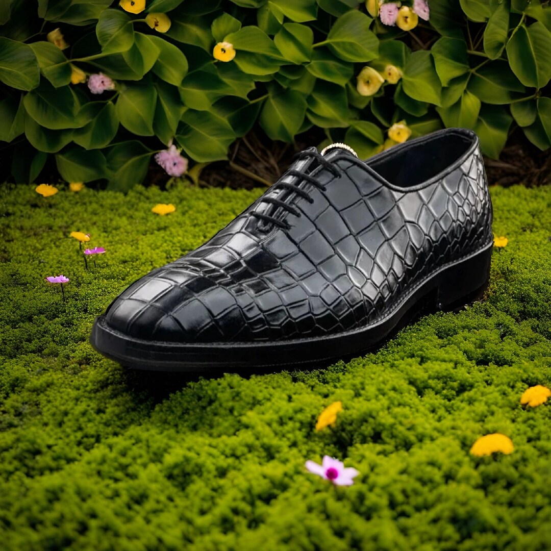 Men's Alligator Skin Texture Black Leather Whole Cut Handmade Lace up ...