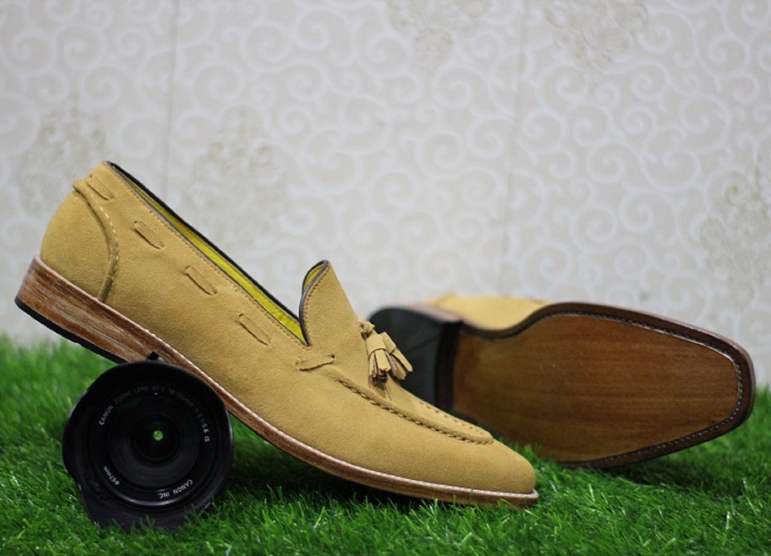 New Men's Handmade Formal Shoes Beige Suede Leather Slip on Stylish ...