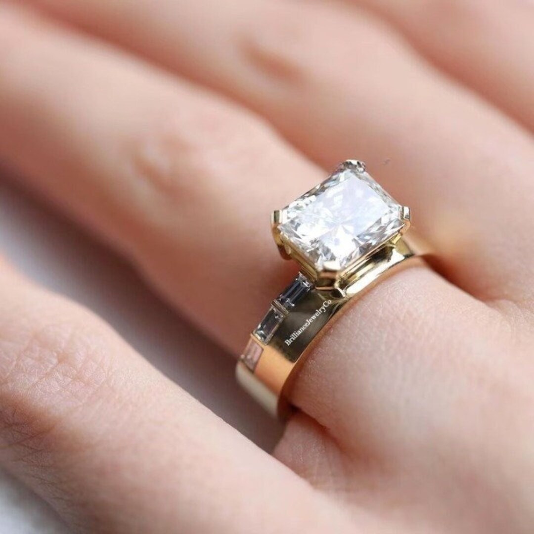 East to West Radiant Cut Colorless Moissanite Ring, 14K Yellow Gold ...