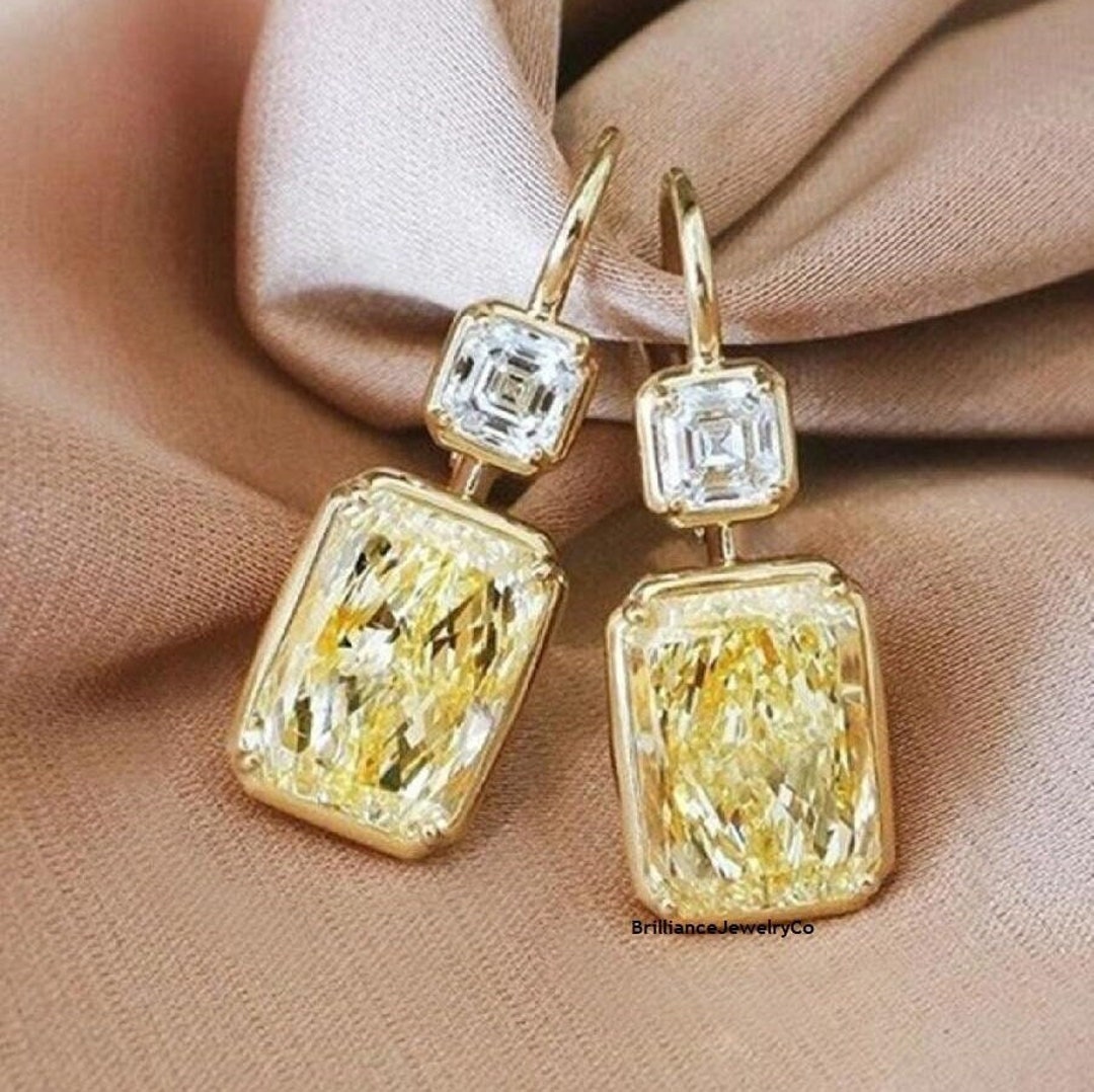 Two Stone Ice Crushed Huge Diamond Earrings, 14x10mm Canary Yellow ...