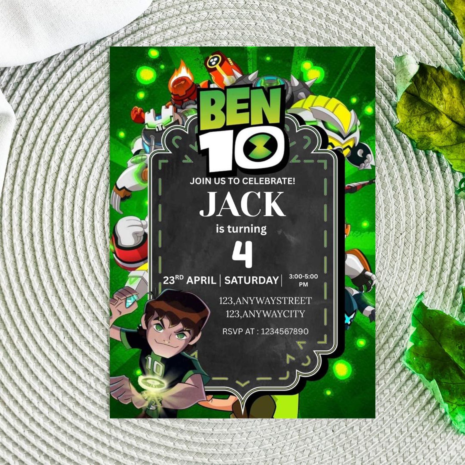 Ben 10 Birthday Invitation: Green Alien Hero, Editable Canva Template ...