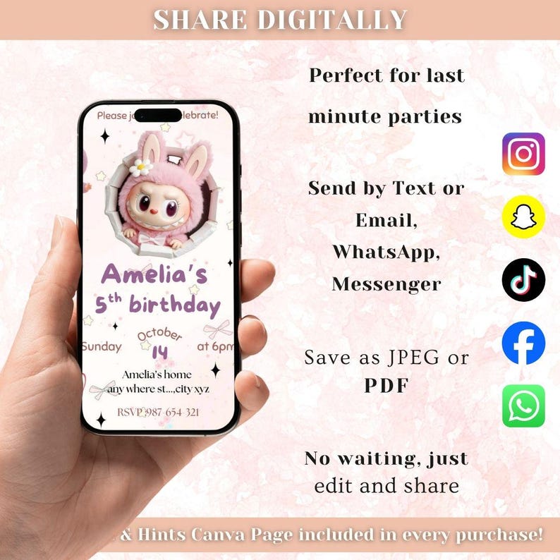 Labubu Birthday Invitation Canva Template | Cute Cartoon Party Invite ...