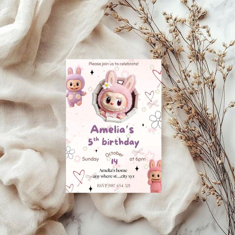 Labubu Birthday Invitation Canva Template | Cute Cartoon Party Invite ...