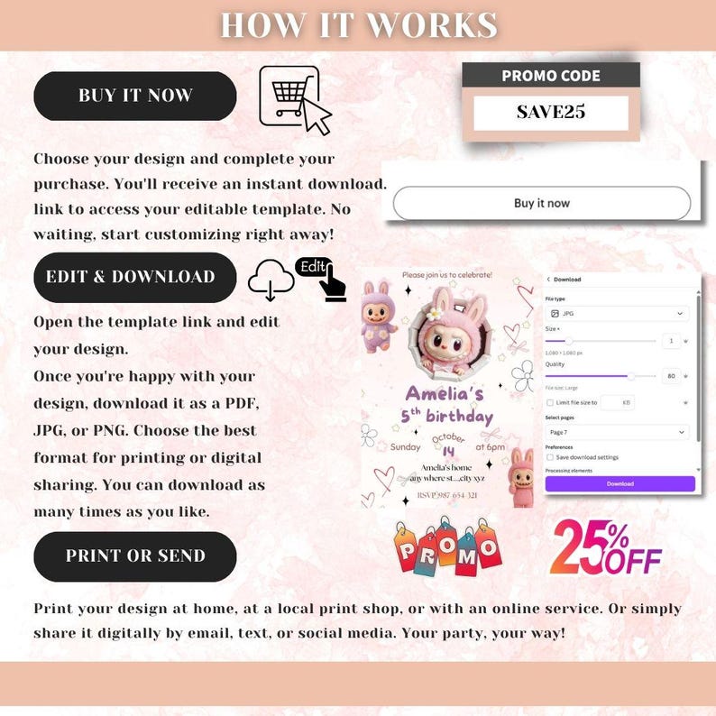 Labubu Birthday Invitation | Editable Cartoon Party Invite (canva ...