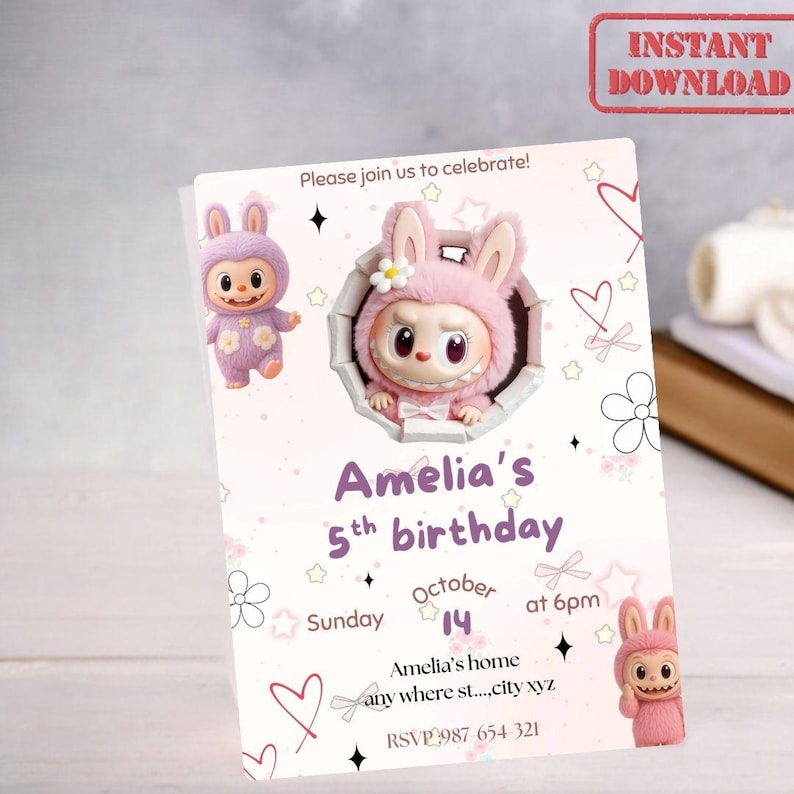 Labubu Birthday Invitation Canva Template | Cute Cartoon Party Invite ...