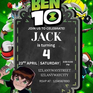 Ben 10 Birthday Invitation: Green Alien Hero, Editable Canva Template ...