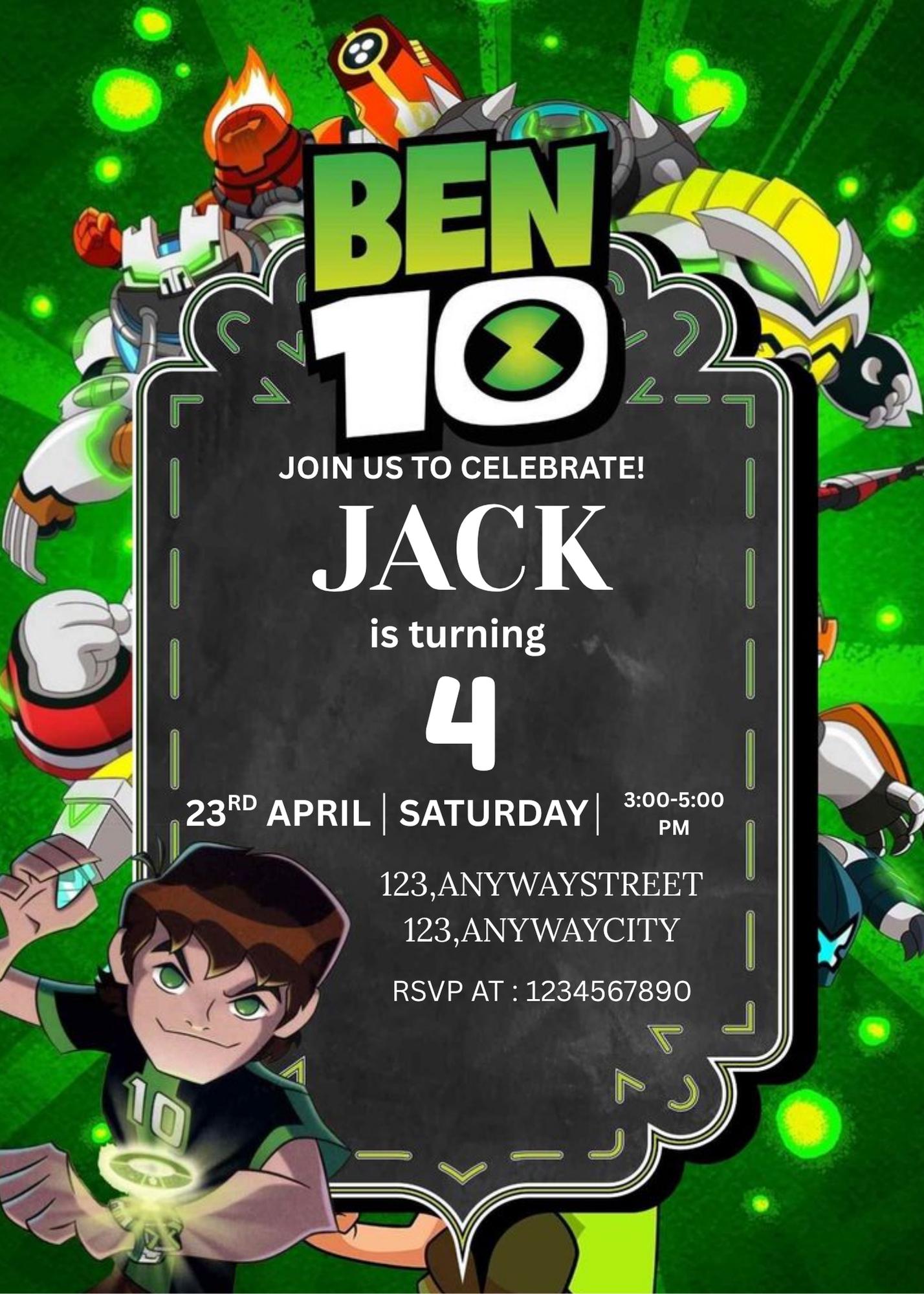 Ben 10 Birthday Invitation: Green Alien Hero, Editable Canva Template ...