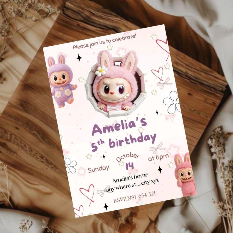 Labubu Birthday Invitation Canva Template | Cute Cartoon Party Invite ...