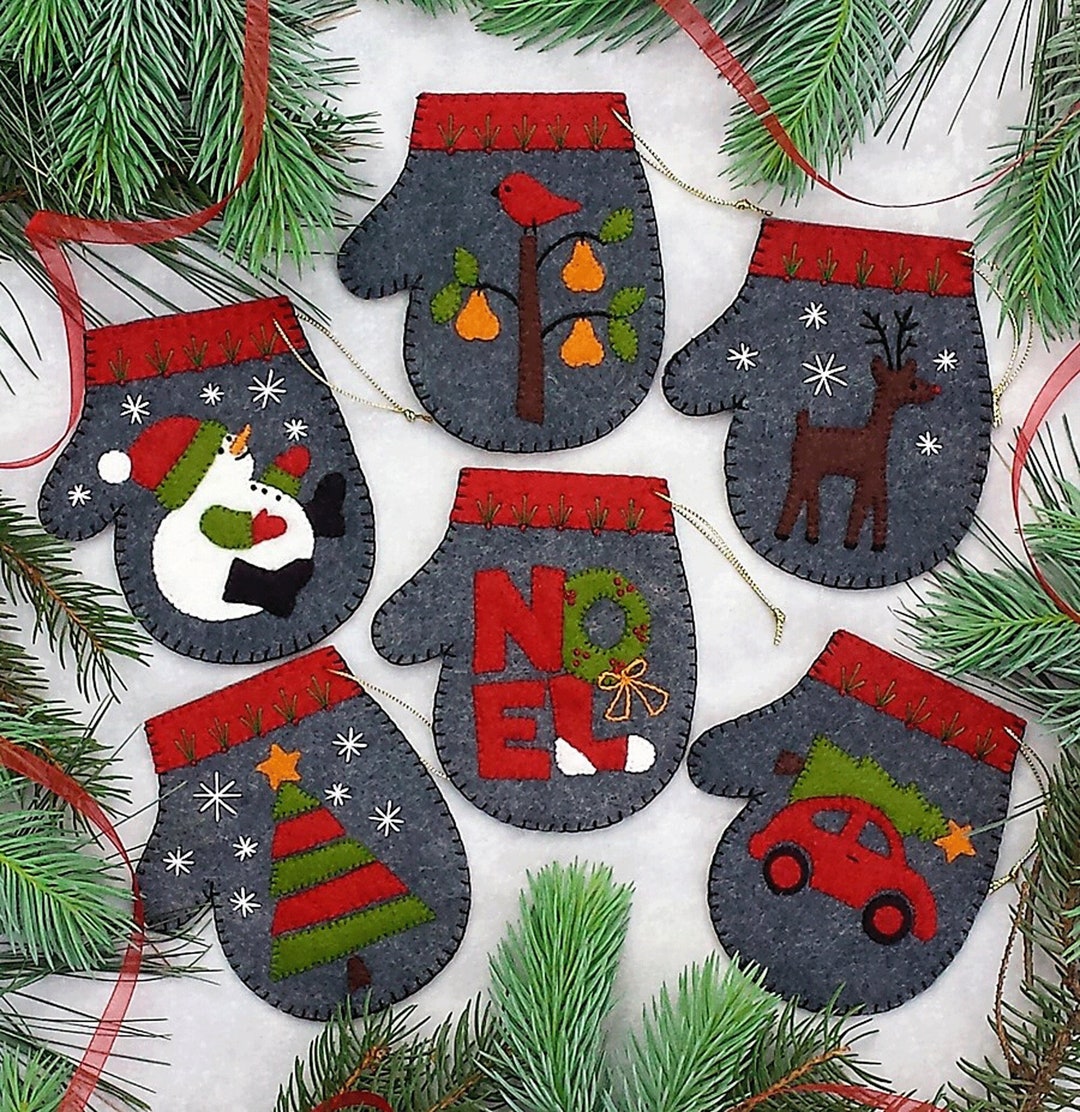 DIY Christmas Ornaments Charcoal Mittens Pattern Wool Felt Ornament ...