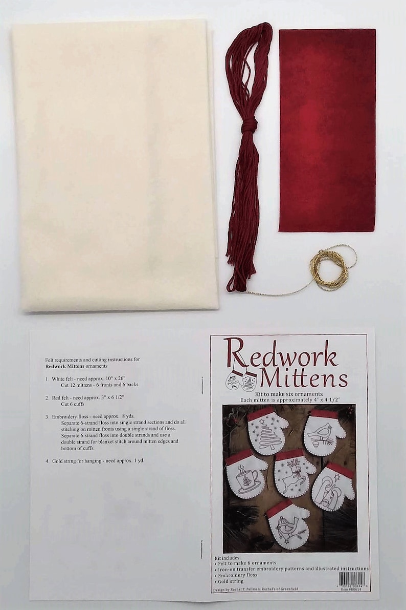 Redwork Mittens Kit | Wool Applique Tree Kit | Felt Christmas Ornaments ...