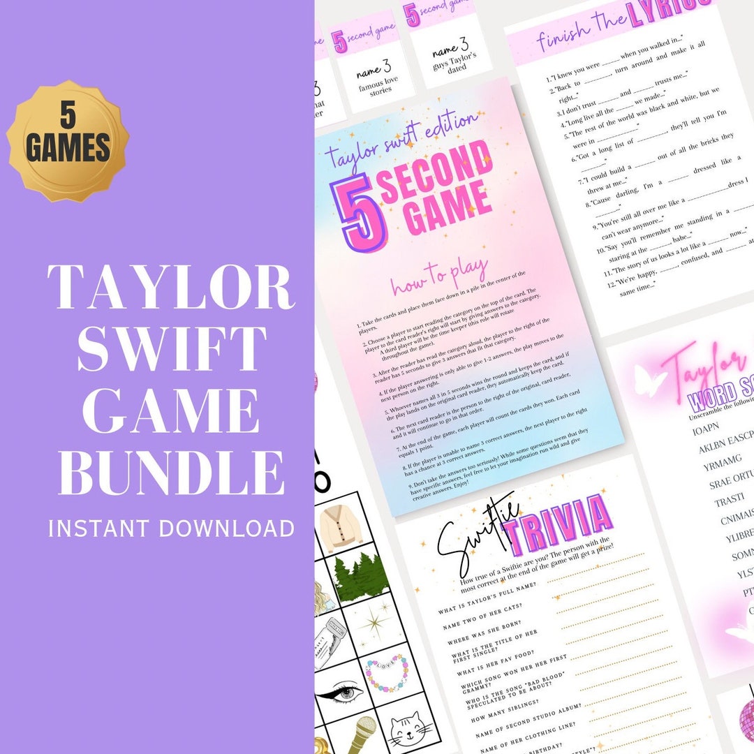 Taylor Swift Printable Game Bundle, Trivia, Bingo, 5 Second Rule Game ...