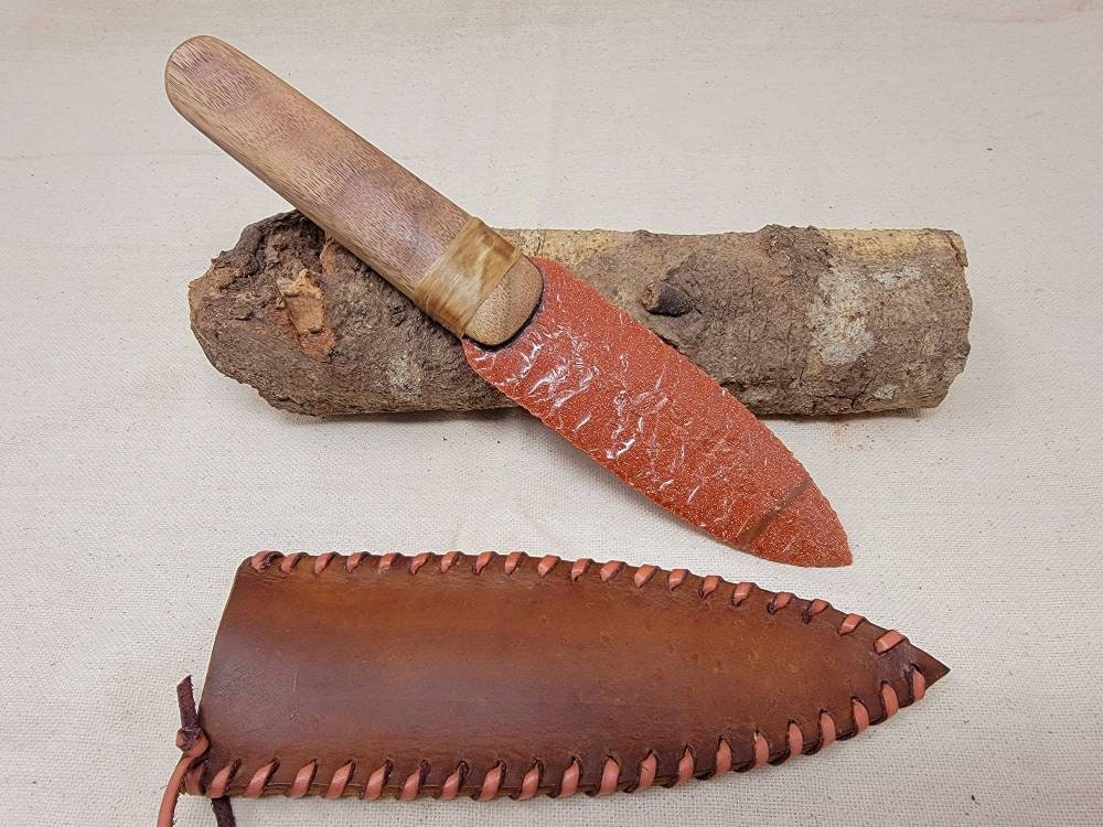 Flint Knapped Knife With Leather Sheath 6 Goldstone - Etsy
