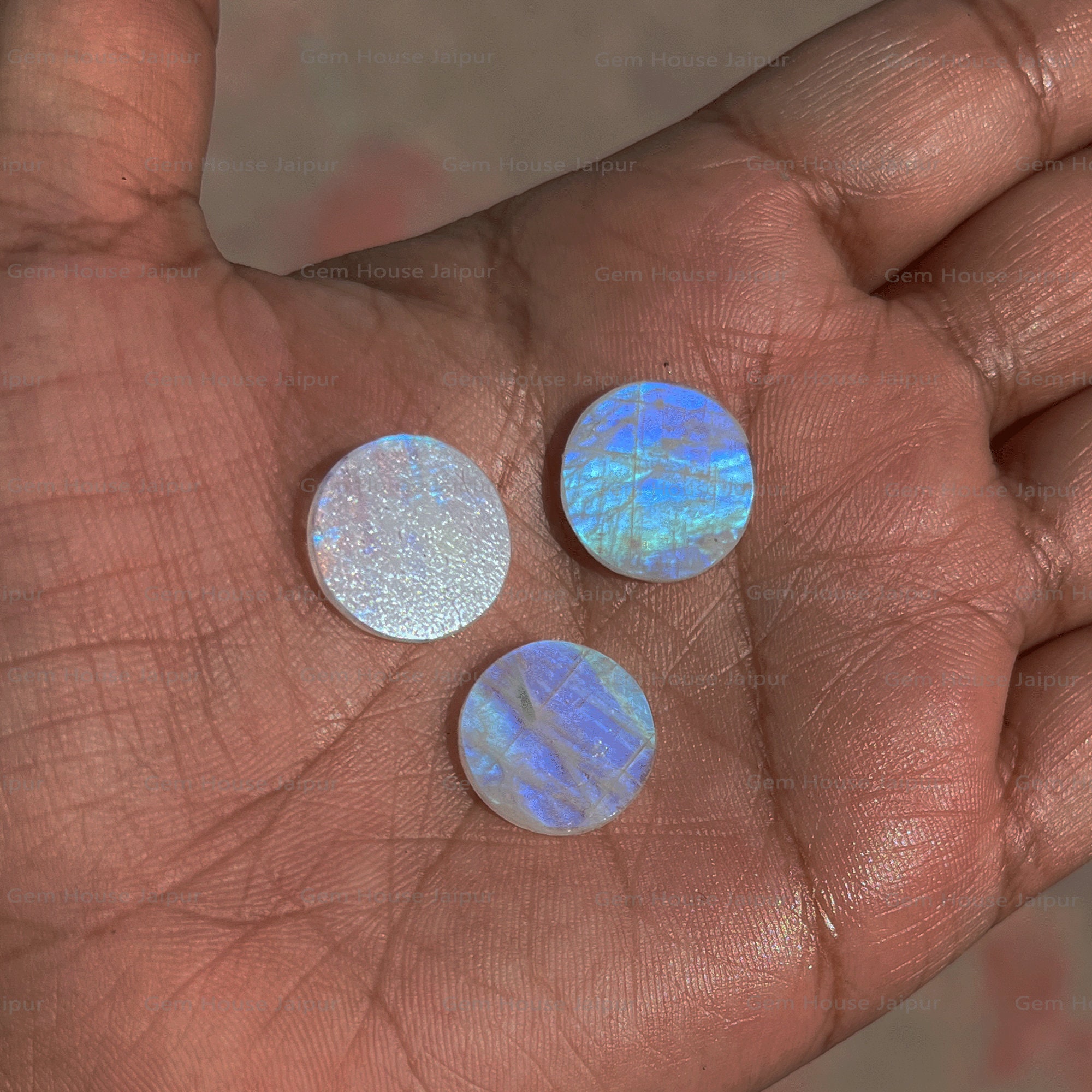 Natural Rainbow Moonstone Flat Disc Cabochon Loose Gemstone, Both Side ...