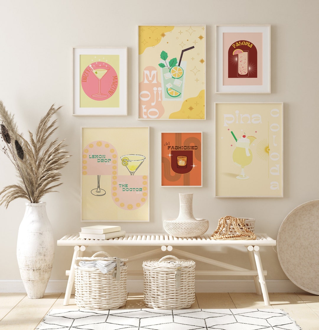 Retro Cocktail Prints Set of 6 Wall Art | Colorful Gallery Wall Prints ...