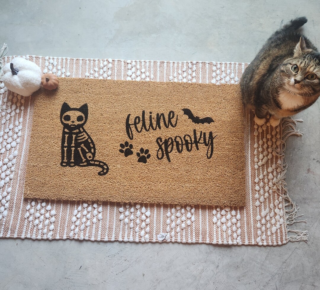 Feline Spooky Black Cat Doormat, Skeleton Cat Halloween Doormat, Black ...