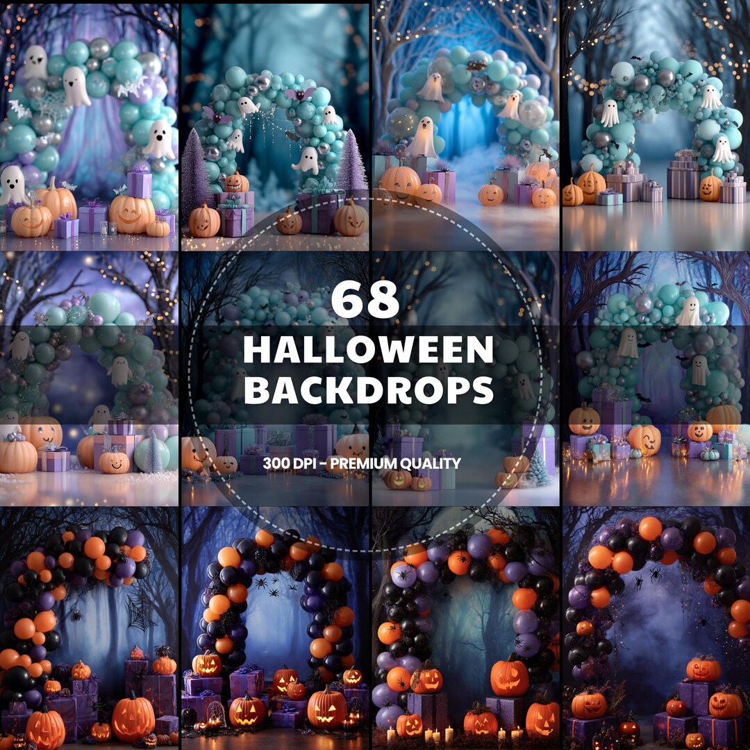 Spooky Halloween Backdrop: Ghost, Pumpkin, Haunted House (digital ...