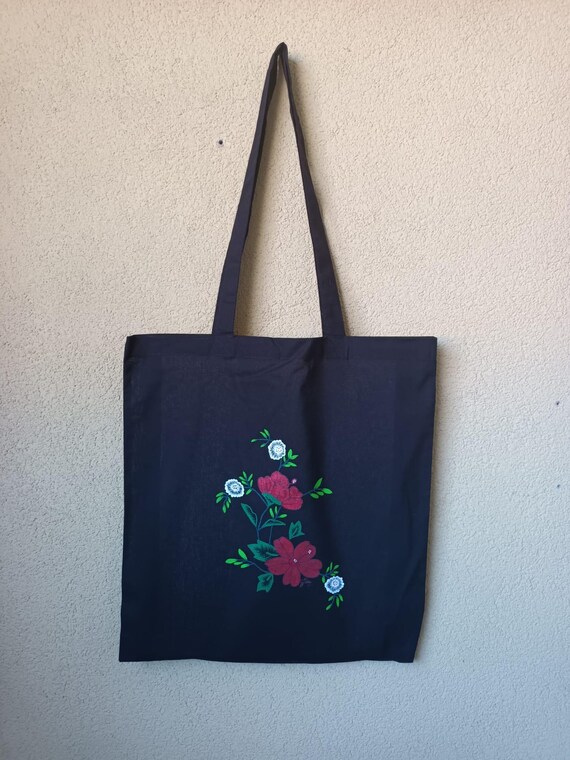 Floral Black Tote Bag Hand Painted Canvas Sac Colourful Flower Designs Ladies Tote Bags Shopper Handbags Plants Tote Bags rose Pattern Etsy UK