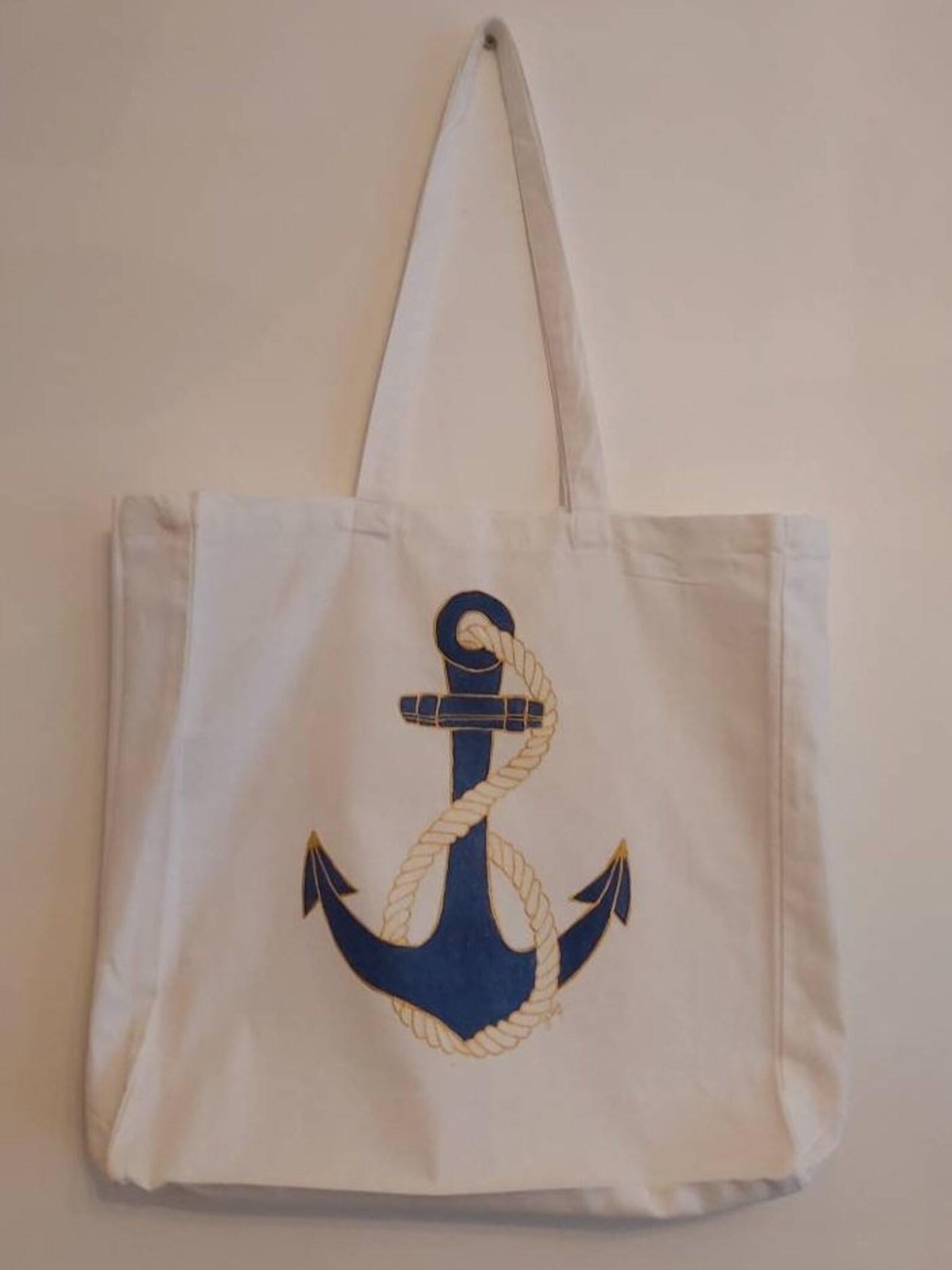 Blue Anchor Tote Bag, Handpainted White Canvas Bag, Eco-friendly ...