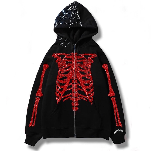 Rhinestone Y2k Skeleton Hoodie Red - Etsy