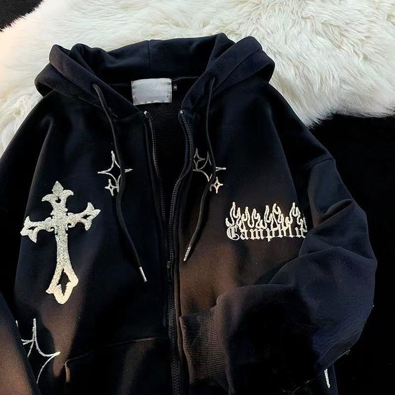 Y2k Goth Cross Zip up Embroidered Hoodies Y2k Clothing Y2k - Etsy UK