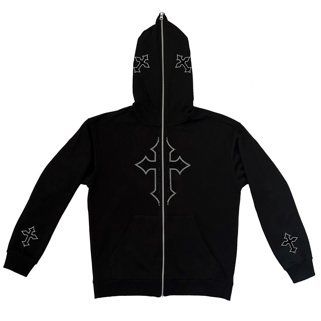 Y2k Cross Rhinestone Full Zip up Hoodie Cyber Y2k Streetwear - Etsy