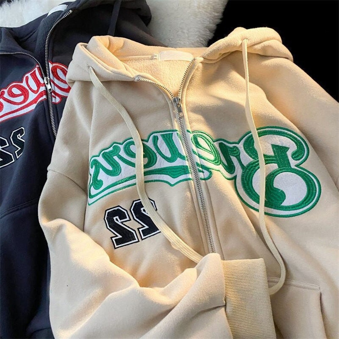 Full Zip Embroidered Hoodie Y2k Top Anime Hoodie Zip Up Etsy Polska