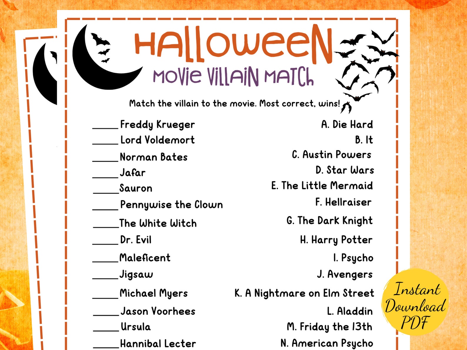 Halloween MOVIE VILLAIN MATCH Halloween Party Game - Etsy