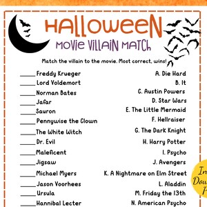 Halloween MOVIE VILLAIN MATCH Halloween Party Game - Etsy