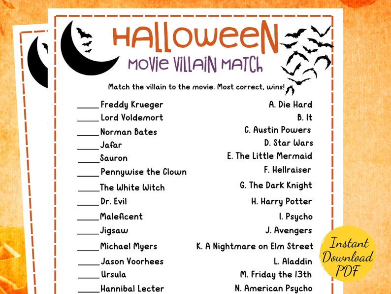 Halloween MOVIE VILLAIN MATCH Halloween Party Game - Etsy