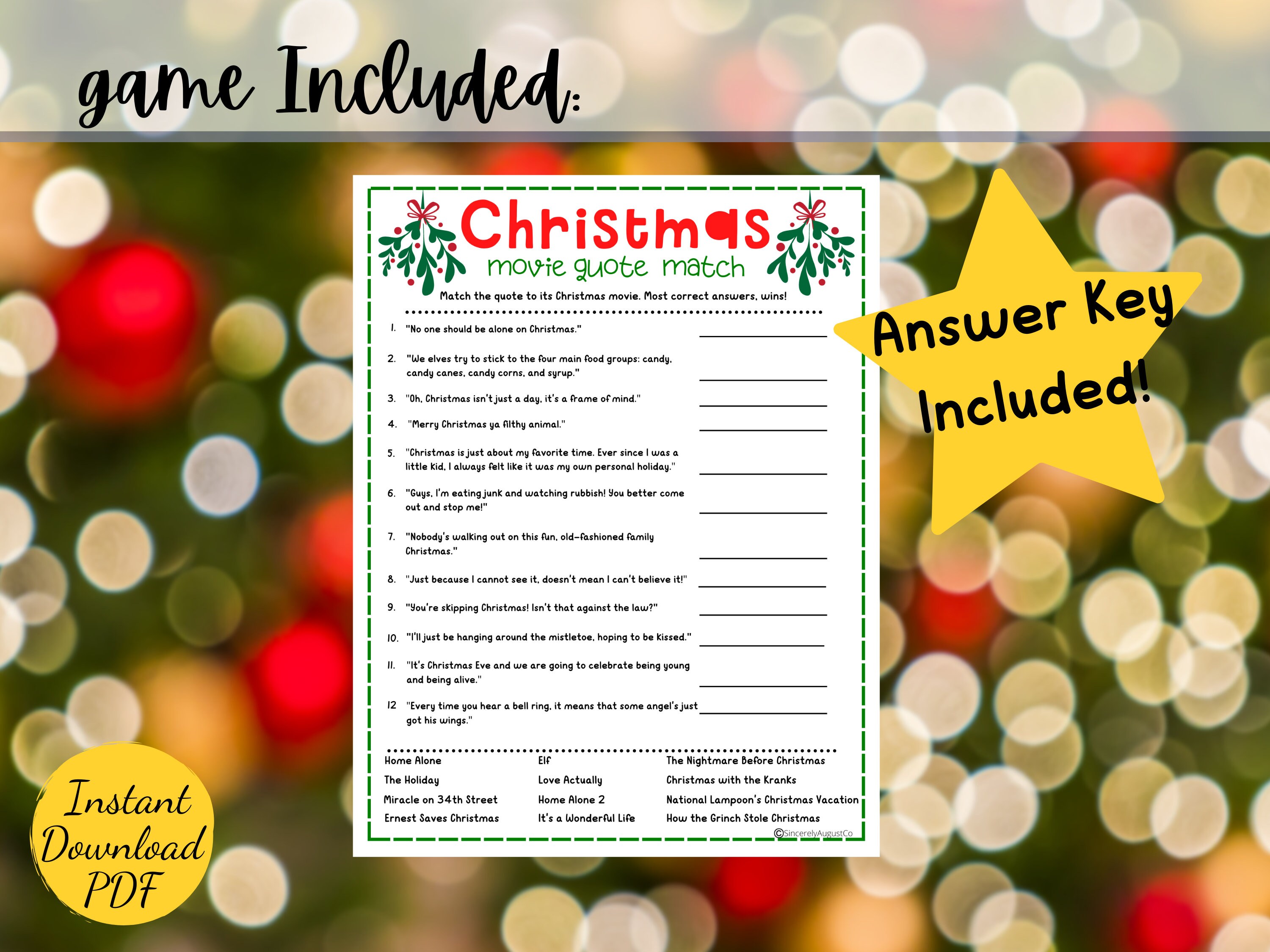Christmas Movie Quotes Matching Game Christmas Party Game Printable ...