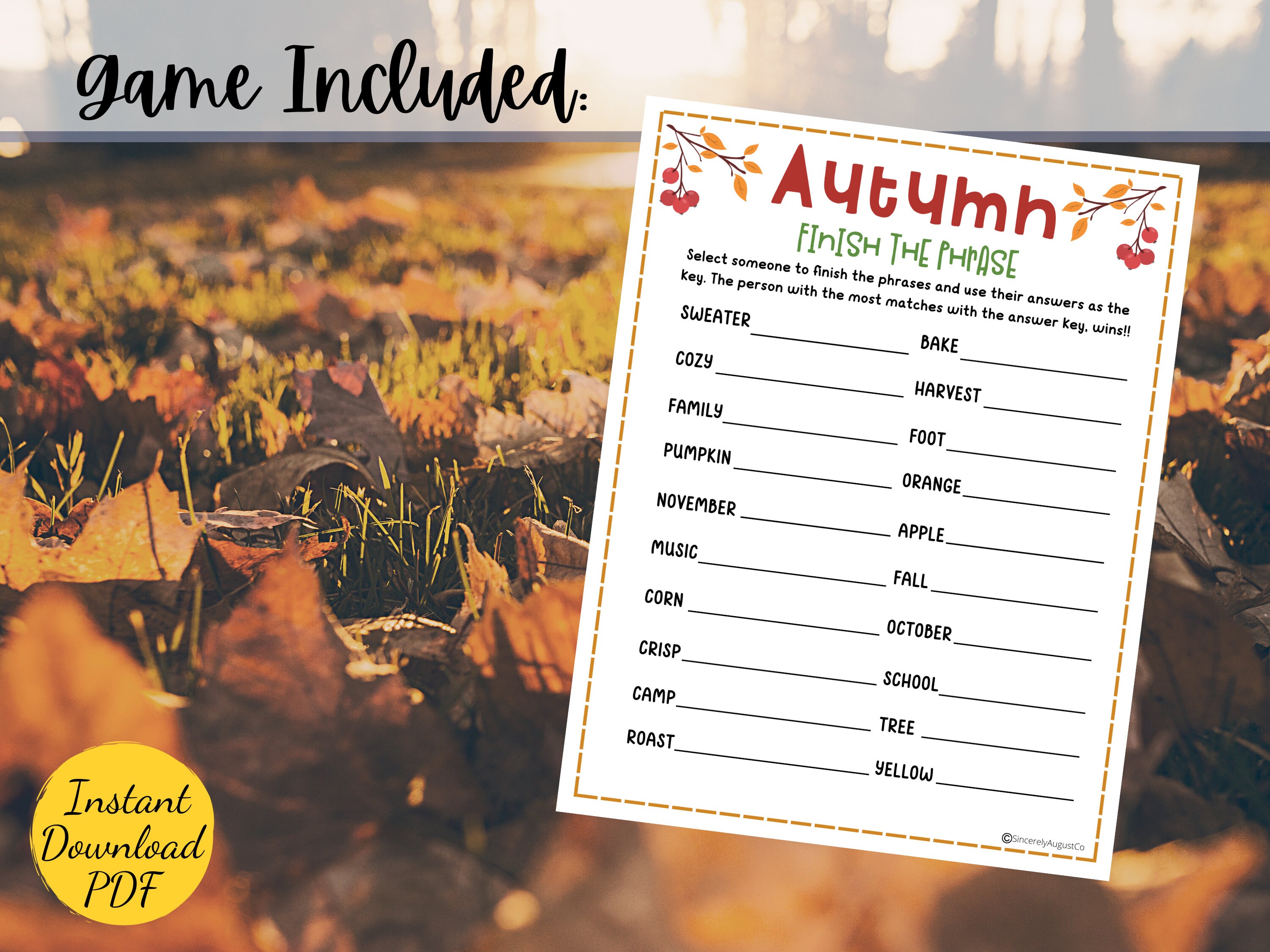 FINISH THE PHRASE Fall Game Printable Autumn Party Game - Etsy