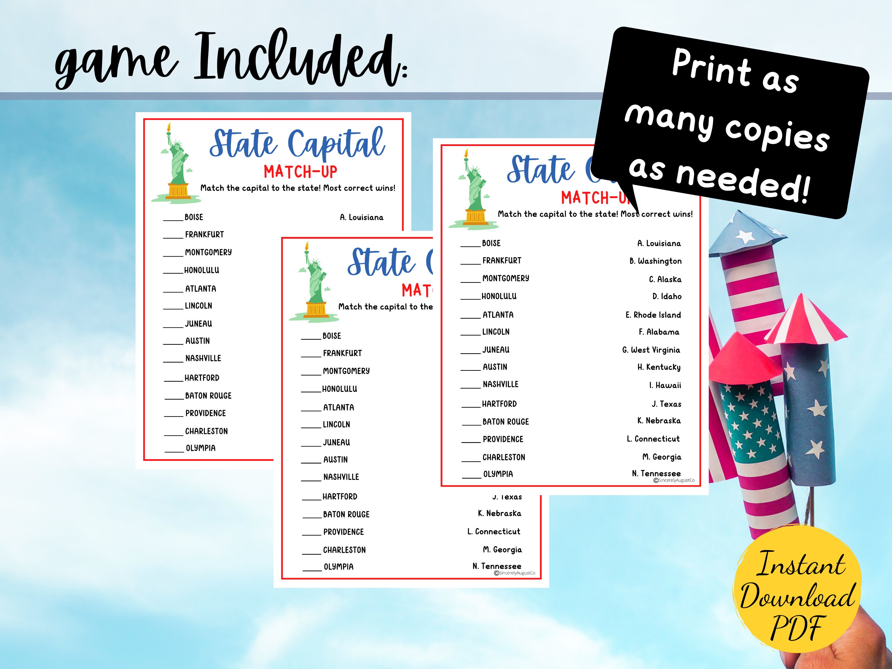 Fourth of July STATE CAPITAL MATCH Game July 4th Party Game - Etsy