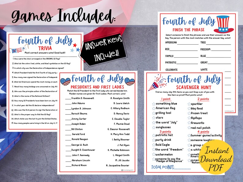 Fourth of July Games BUNDLE 10 Game Bundle Printable July - Etsy
