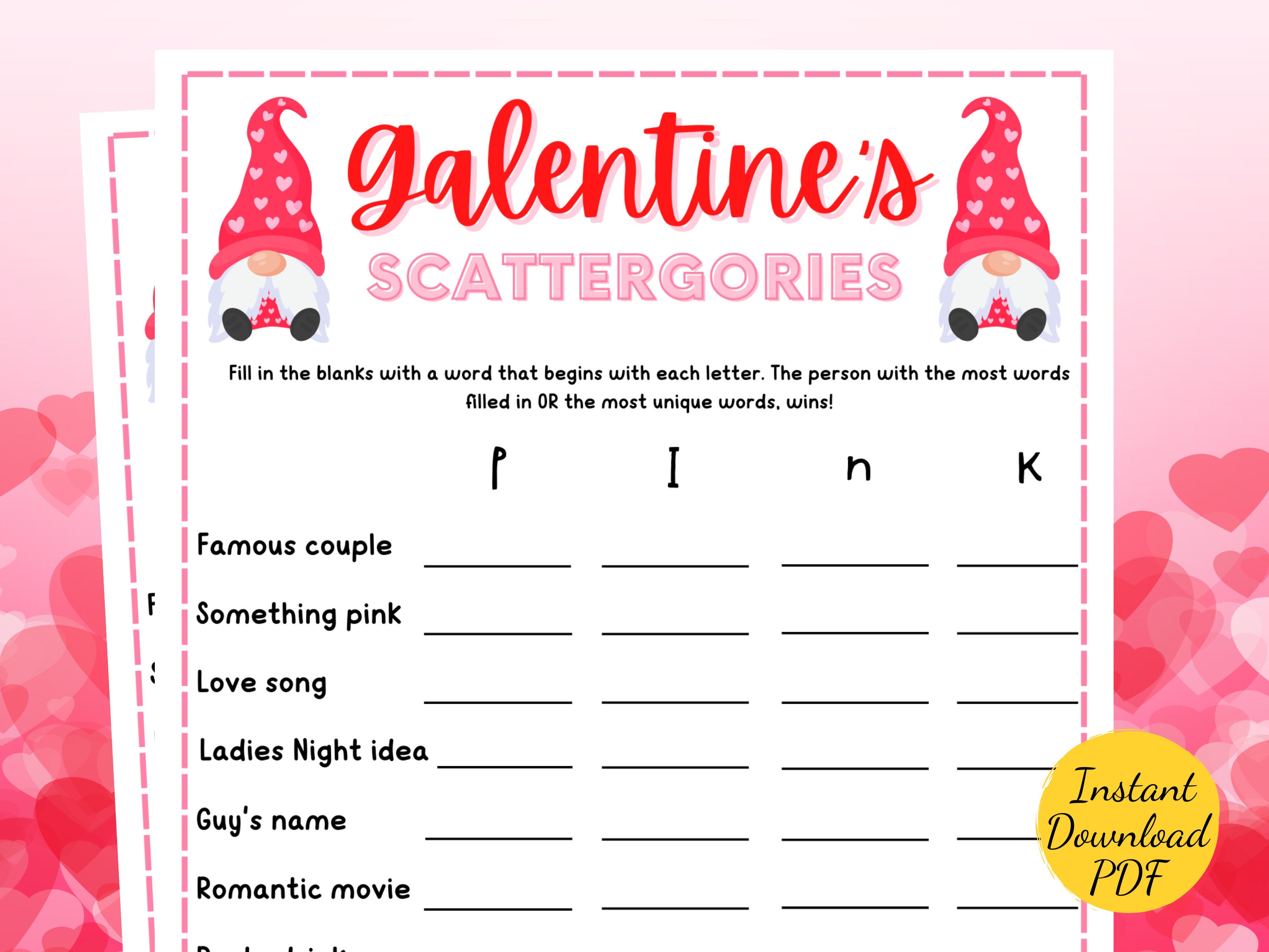 Galentines Day SCATTERGORIES Game Galentines Day Party Game Printable ...