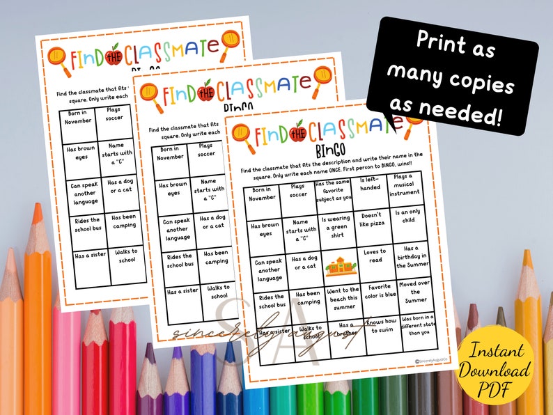 Back to School BINGO Game Find the Classmate Bingo First - Etsy