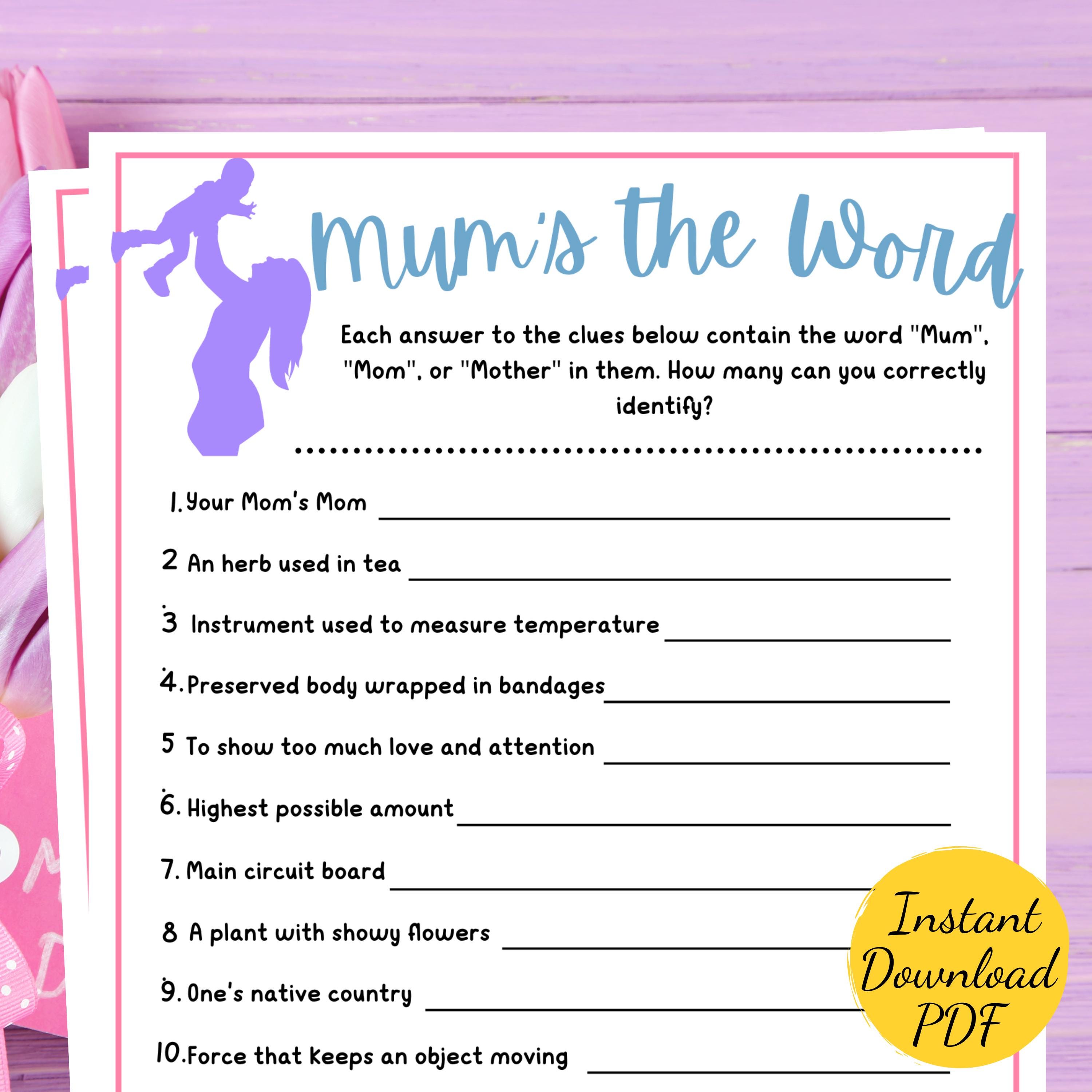 MUMS THE WORD Mothers Day Game - Mothers Day Party Game - Printable ...