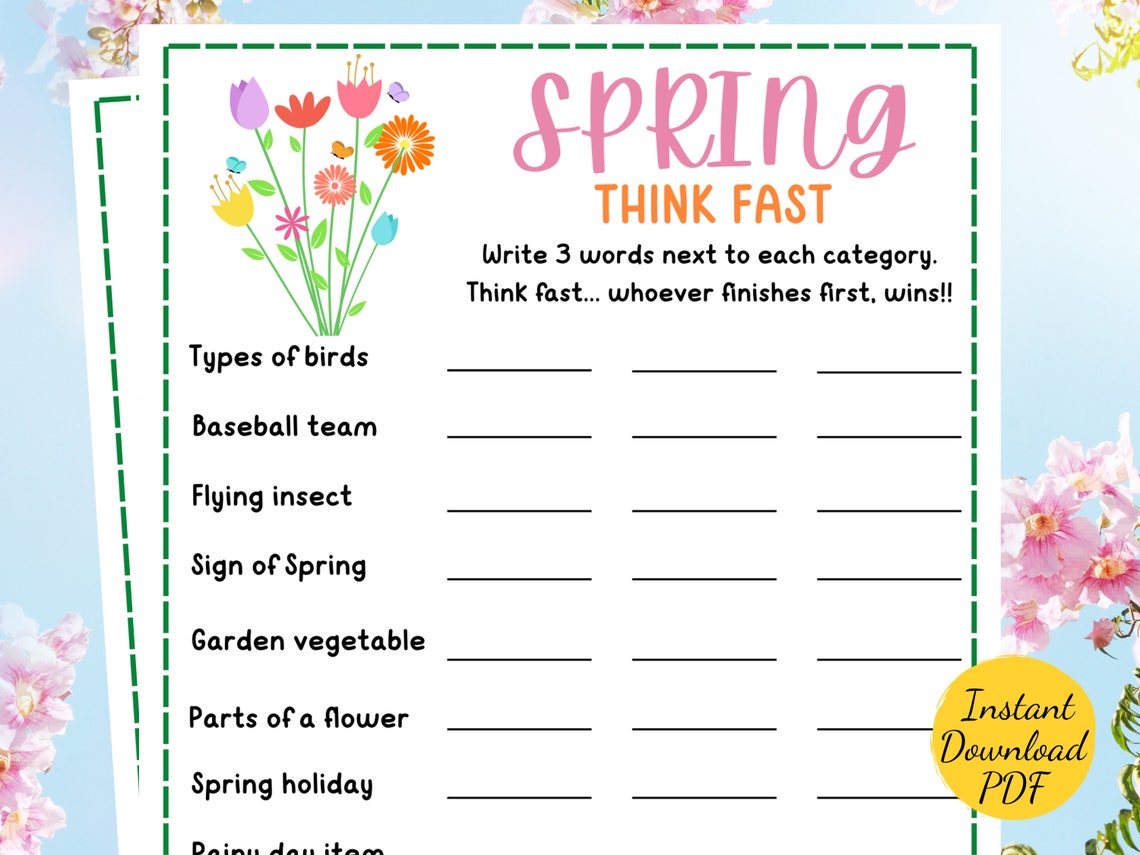 Spring Season THINK FAST Game Printable Spring Party Games Fun Think ...
