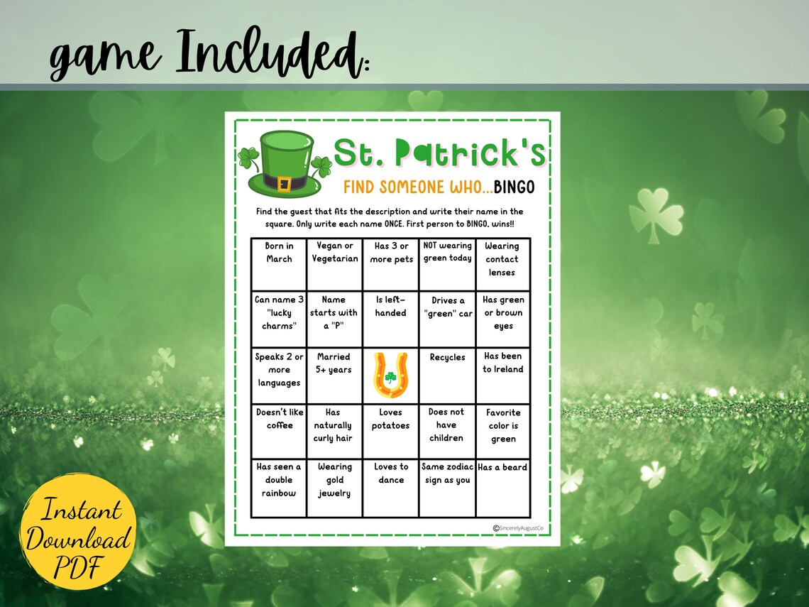 St. Patrick's Day BINGO Game St. Patrick's Find the Guest Bingo St ...