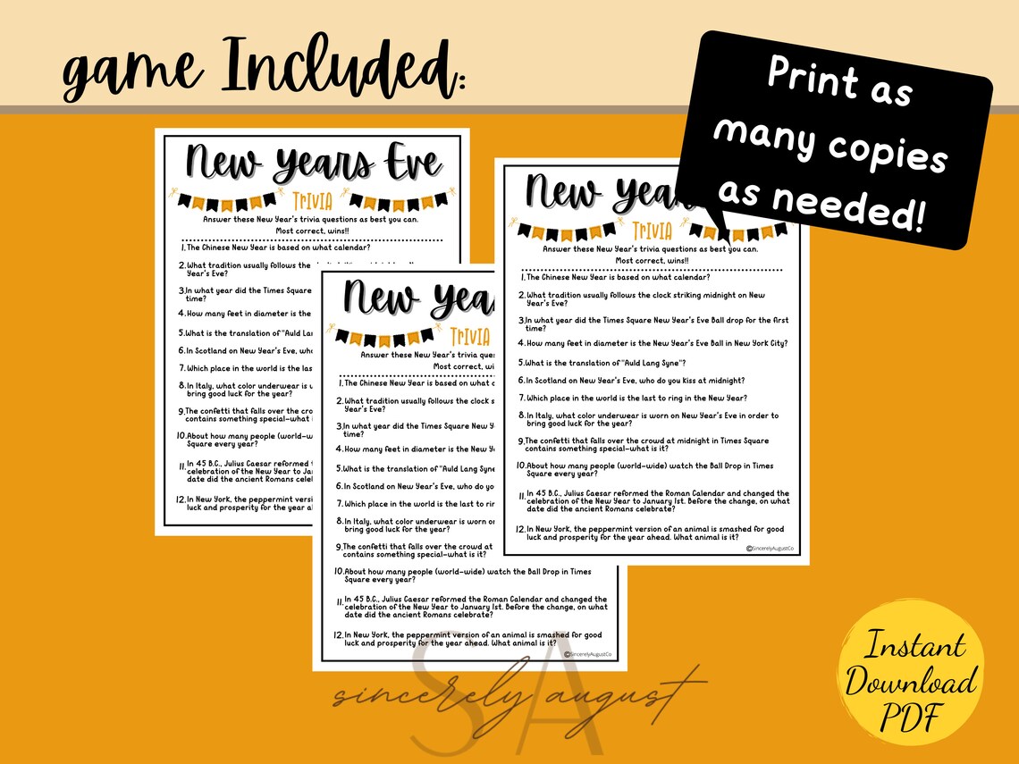 New Years Eve TRIVIA Game New Years Eve Party Game Printable New Years ...