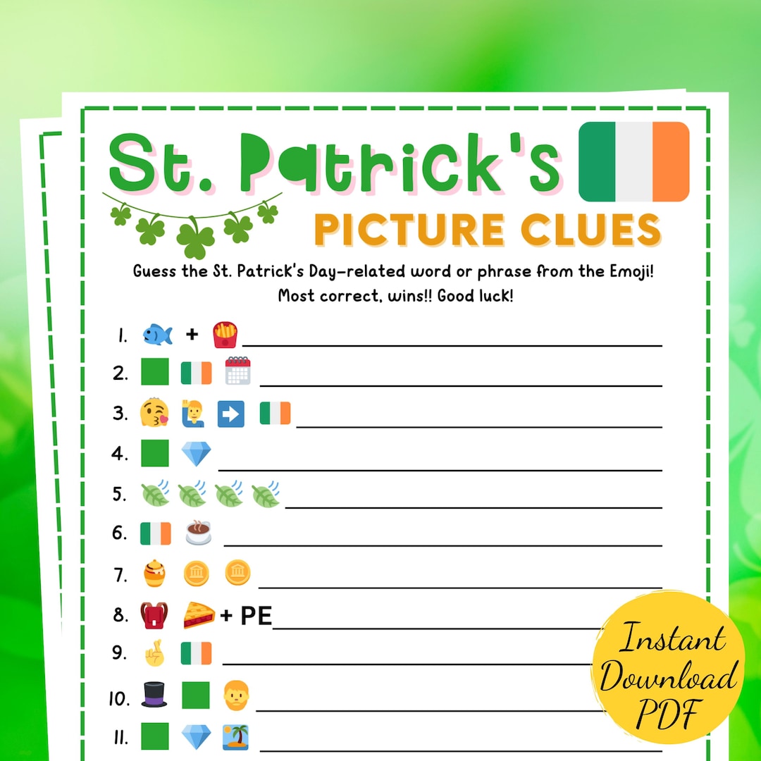 St. Patrick's Day PICTURE CLUES Game: Printable Emoji Pictionary Party ...